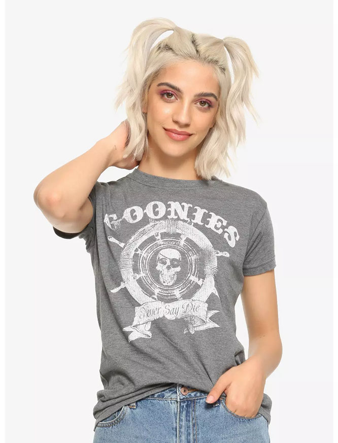 Goonies- Never Say Die on a charcoal heather girls fitted shirt