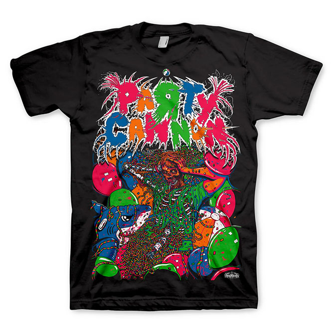Party Cannon- Partied In Half on a black shirt