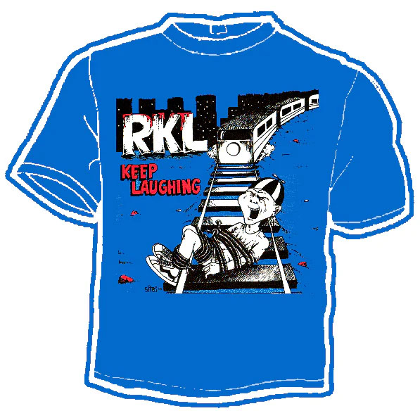 RKL- Keep Laughing on a blue shirt